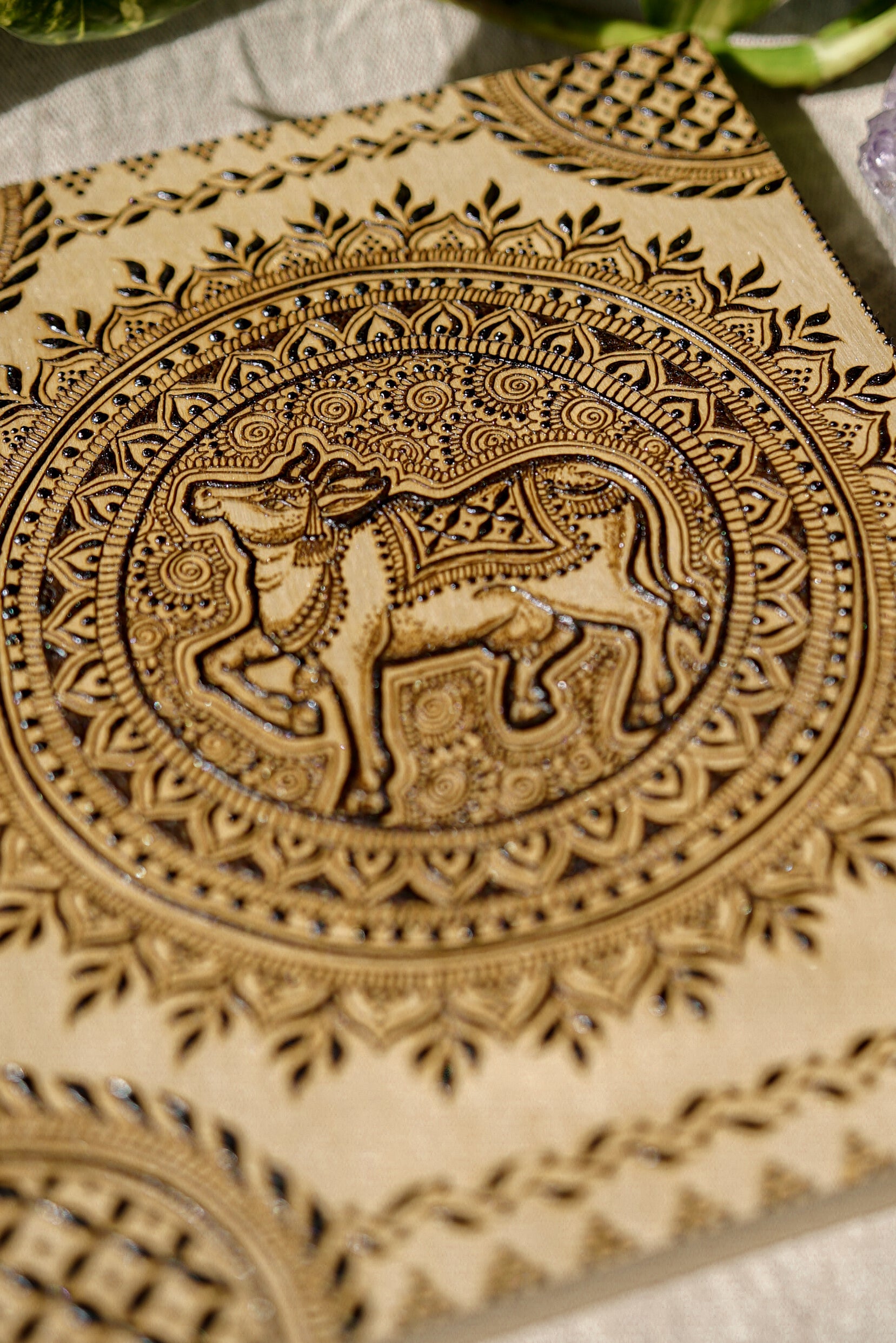 Vrindavan Cow & Mandala | Henna on Wood Canvas – Gopi Henna