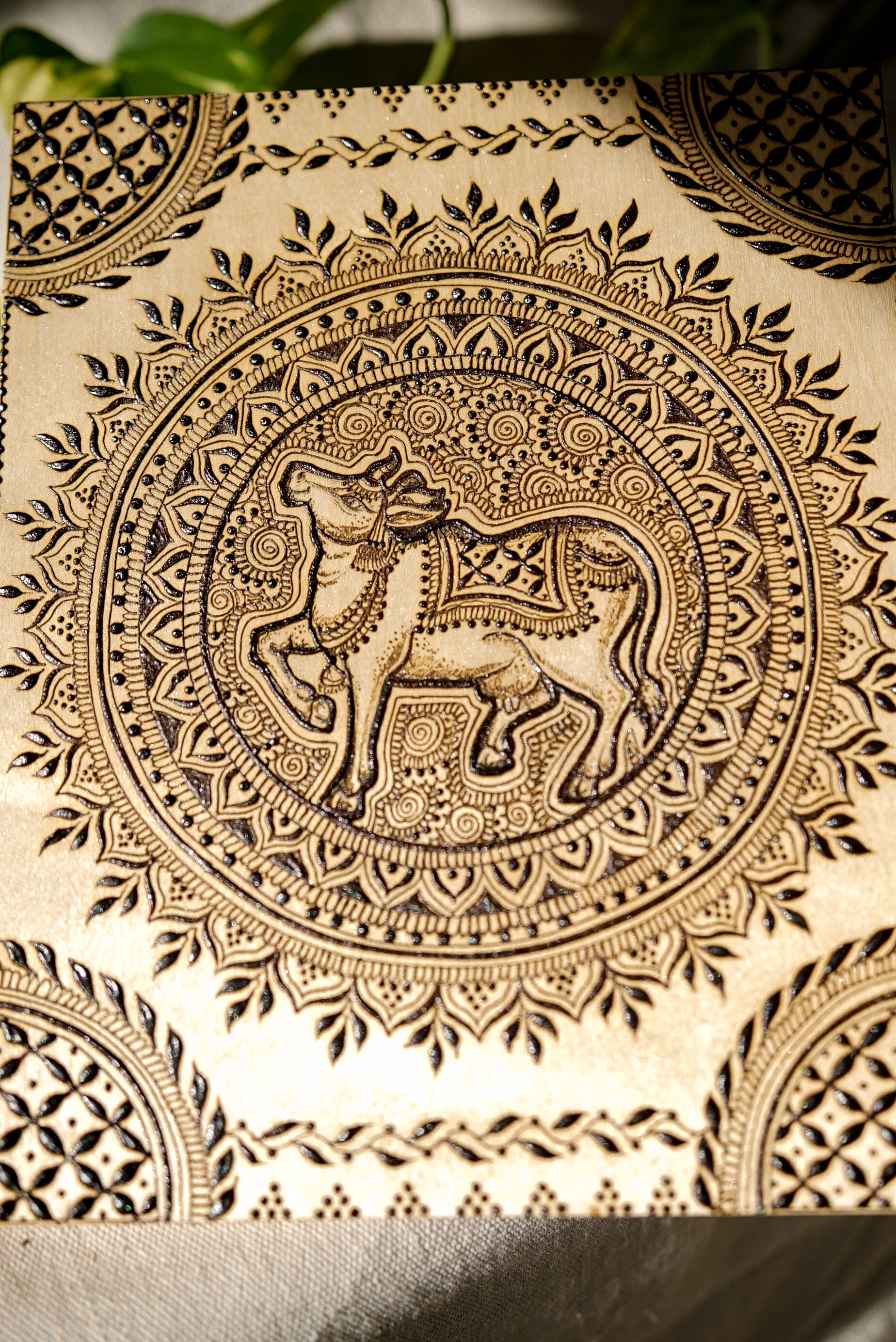 Vrindavan Cow & Mandala | Henna on Wood Canvas – Gopi Henna