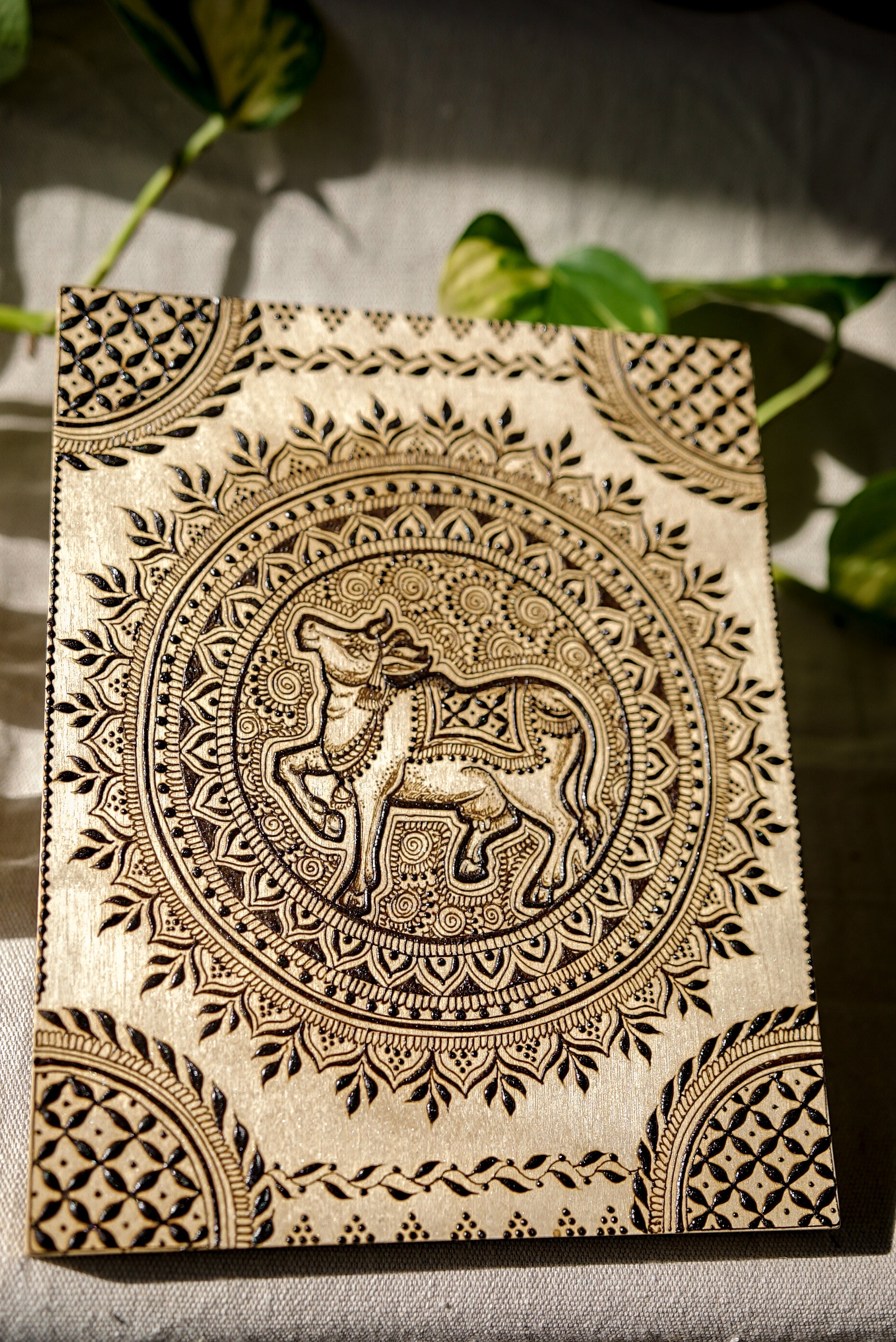 Vrindavan Cow & Mandala | Henna on Wood Canvas – Gopi Henna