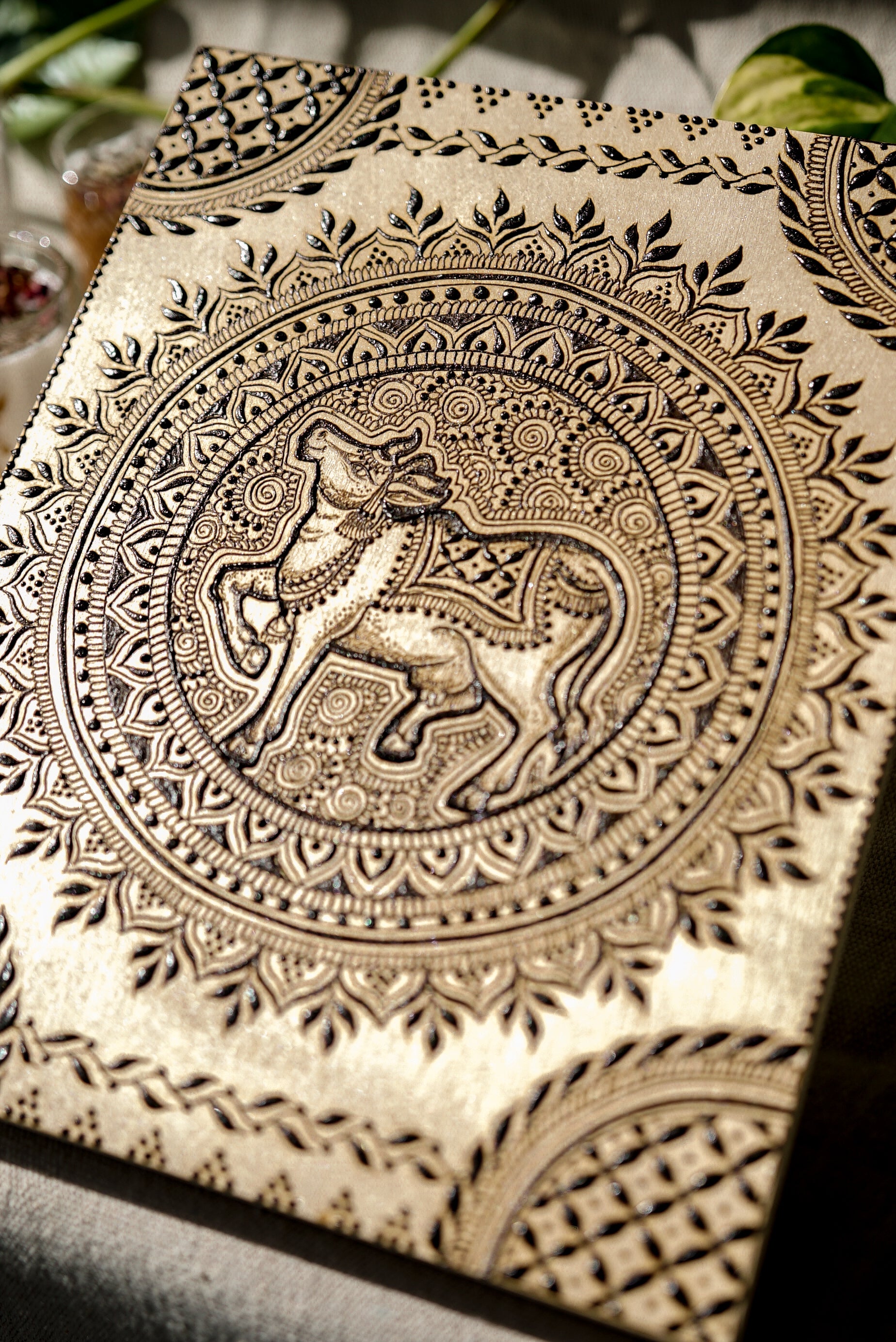 Vrindavan Cow & Mandala | Henna on Wood Canvas – Gopi Henna